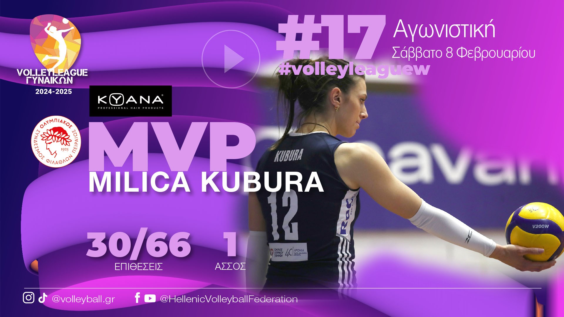 Η Μίλιτσα Κούμπουρα ΚΥΑΝΑ MVP της 17ης αγωνιστικής της Volley League Γυναικών - Greekvolley.gr